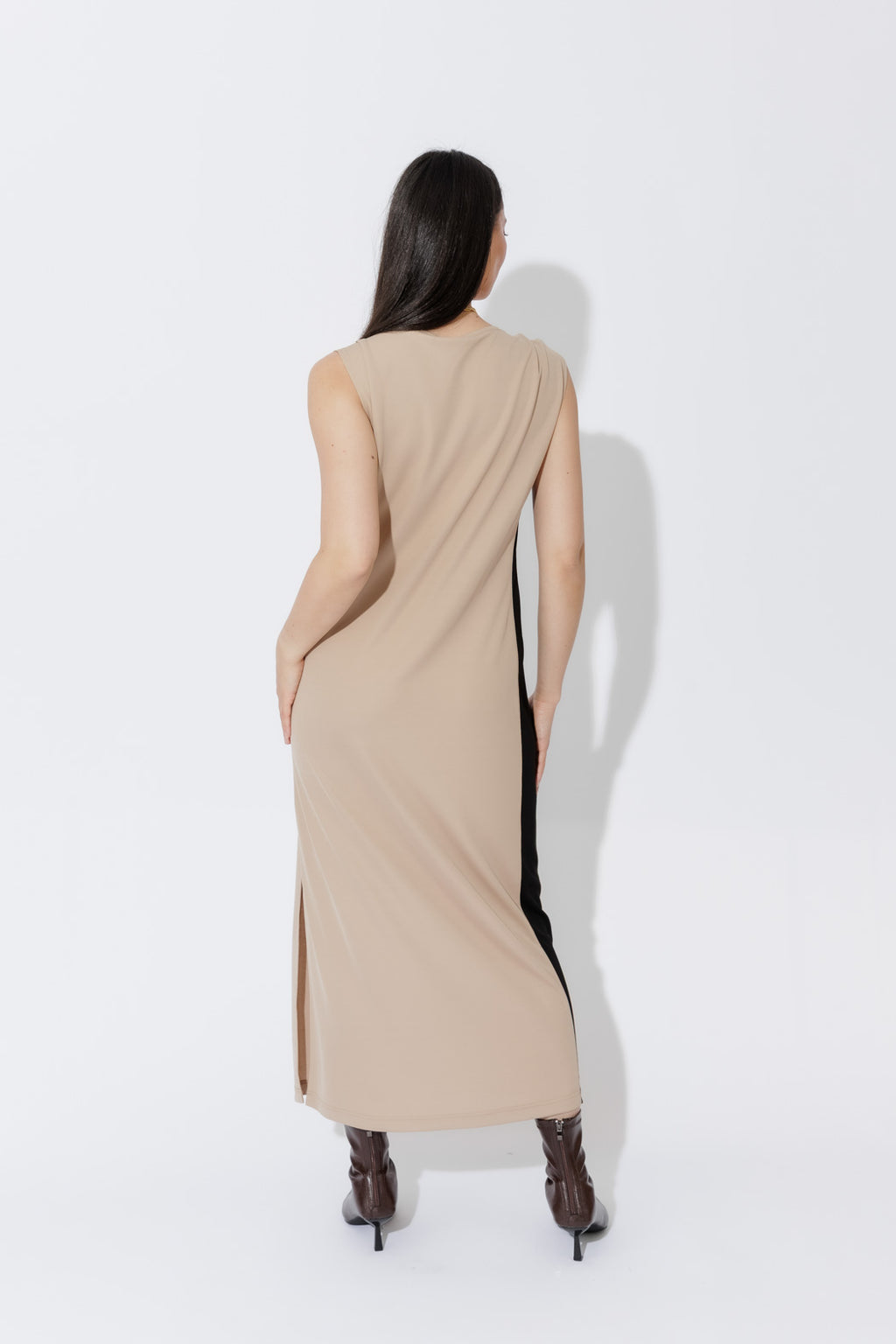 Beige Twist Shoulder Dress – Motto AU