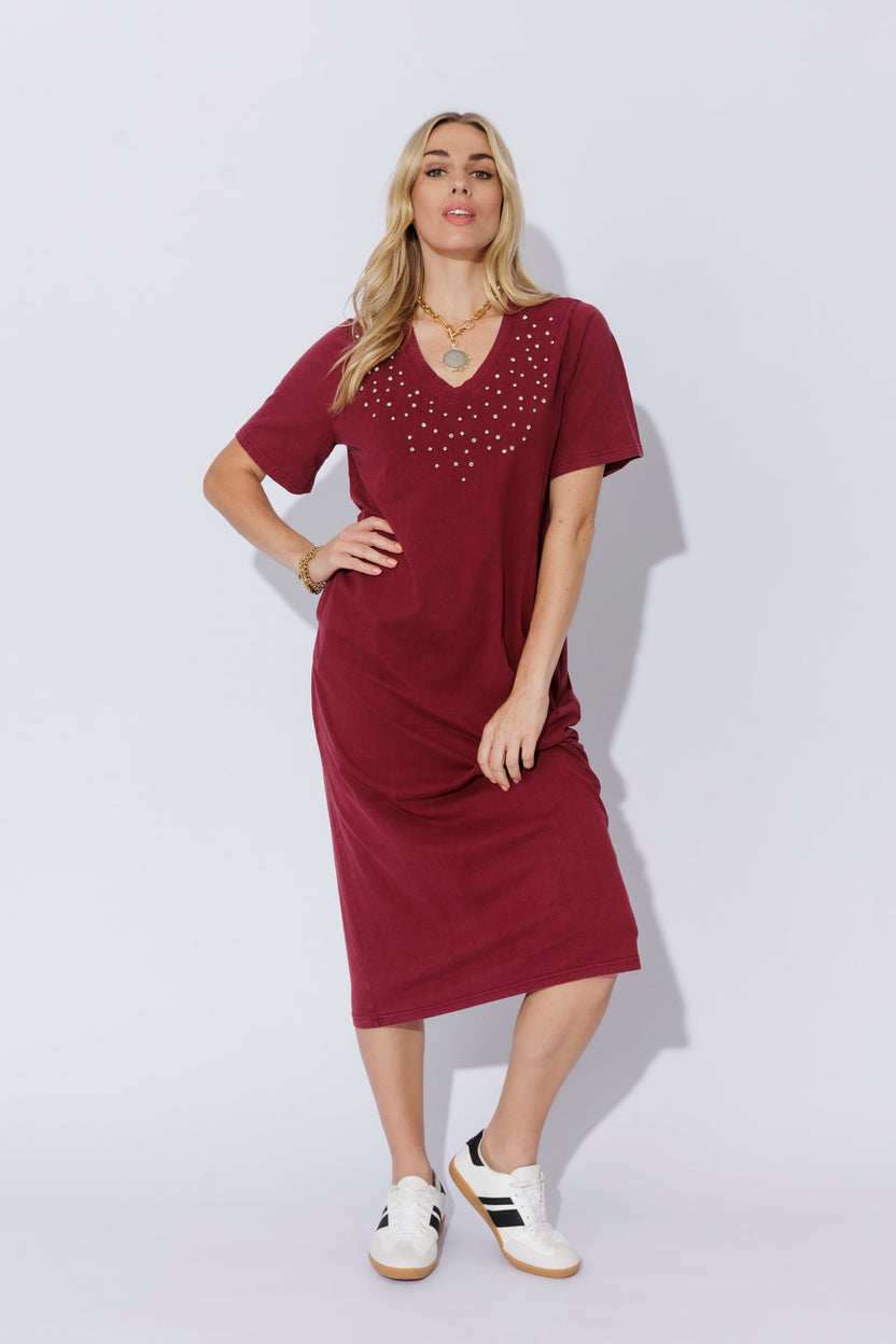 Burgundy Washed Cotton Diamante Dress – Motto AU