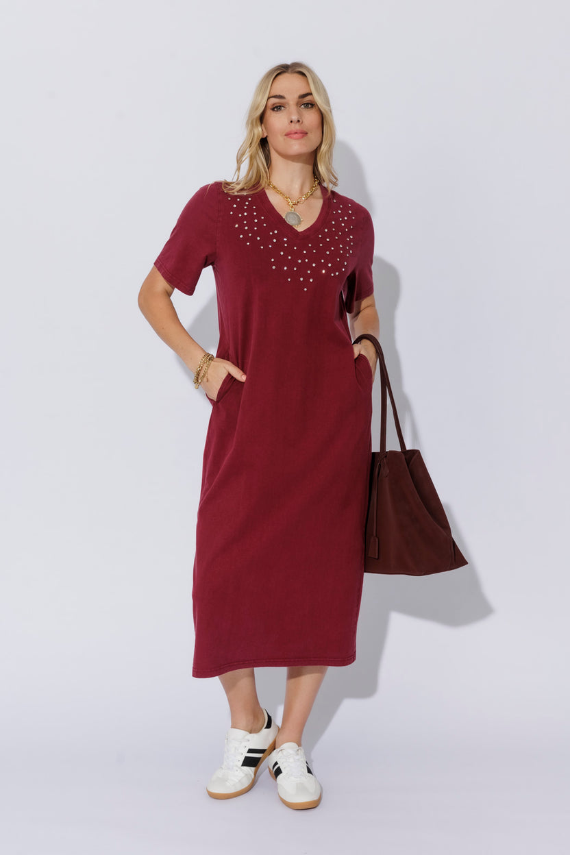 Burgundy Washed Cotton Diamante Dress – Motto AU